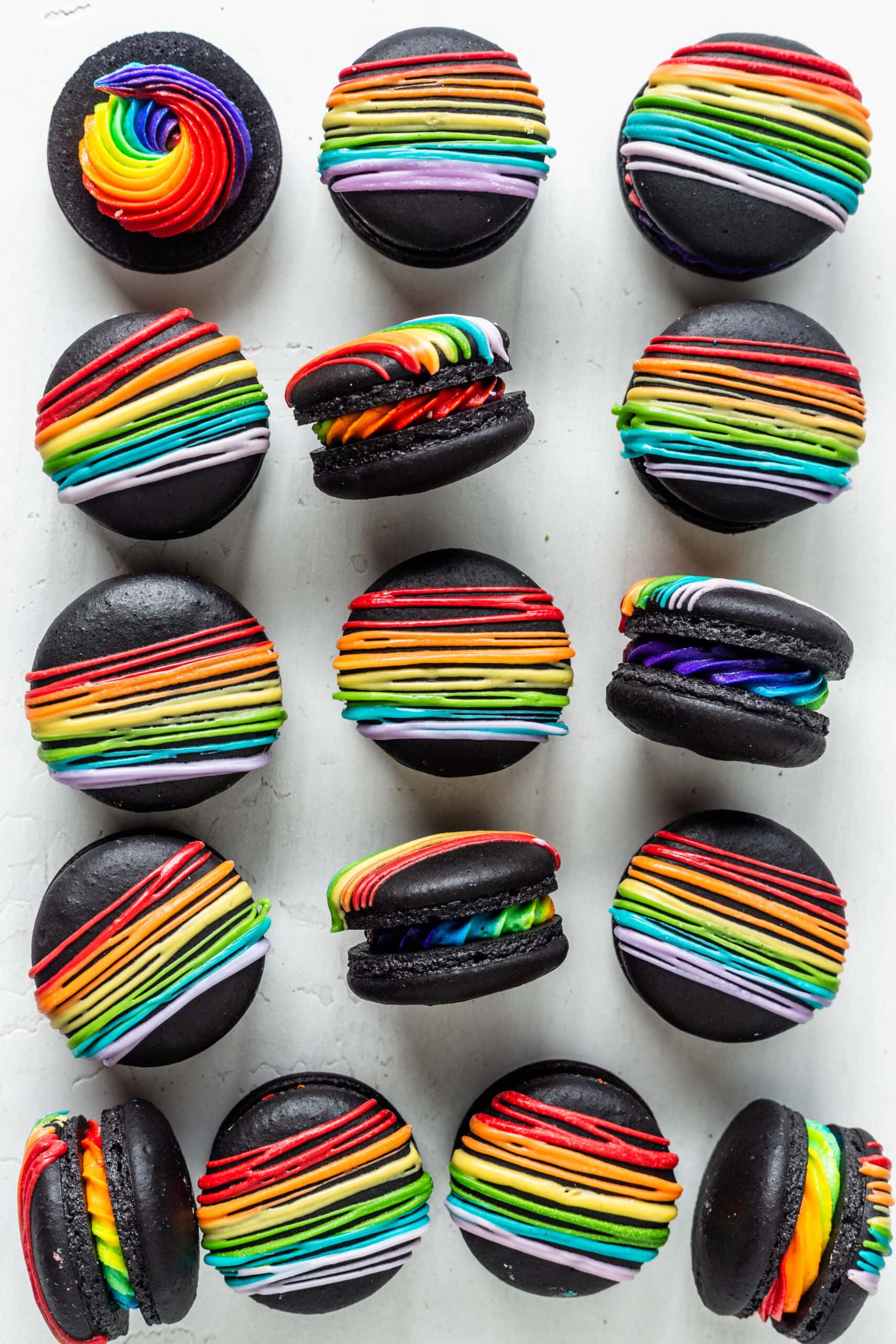 Black and White Macarons with Rainbow Drizzle - Pies and Tacos