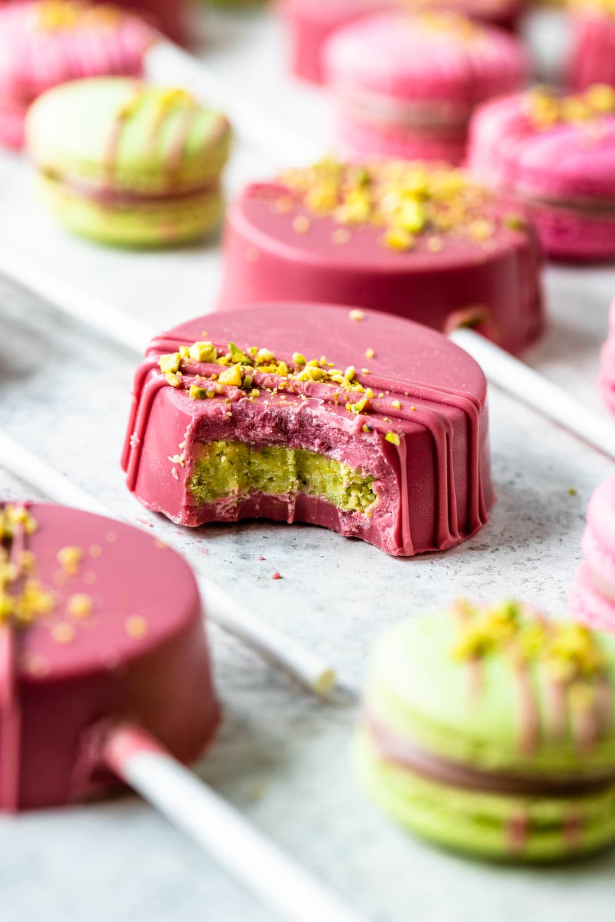 Ruby Pistachio Macaron Pops - Pies and Tacos