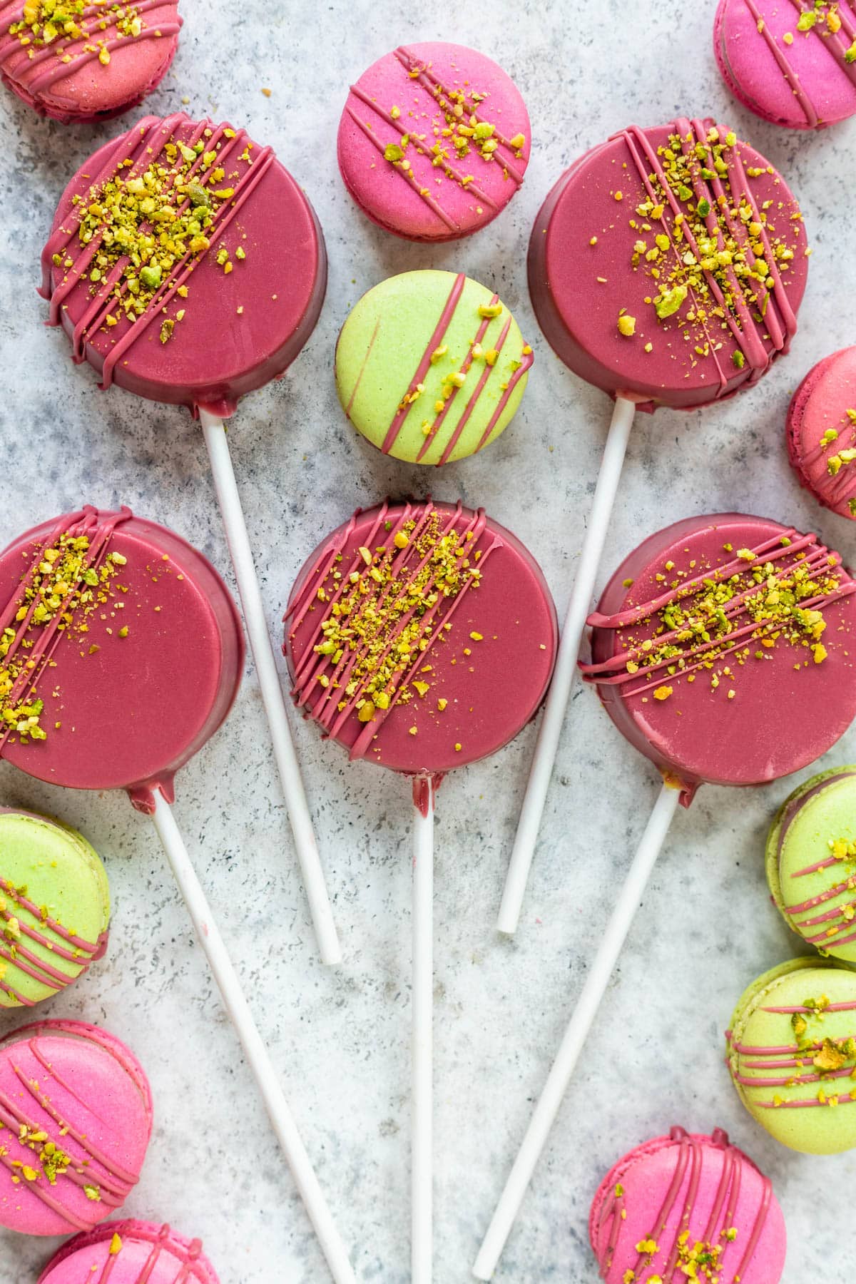 Ruby Pistachio Macaron Pops - Pies and Tacos